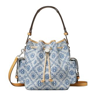 Tory Burch T Monogram Denim Bucket Bag mit Taschen - - Bags - Damen - Blau - ONE SIZE