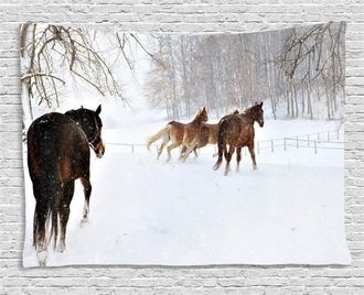 Abakuhaus Winter Wandteppich, Pferde im verschneiten Wald, Wohnzimmer Schlafzimmer Heim Seidiges Satin Wandteppich, 200 x 150 cm, Weiß Braun