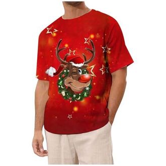 Generic Sweat-shirts pour hommes No&euml;l en plein air Renne dr&ocirc;le imprim&eacute; darbres Tee-shirt vintage Claus &agrave; manches courtes Streetwear, Rouge, XL