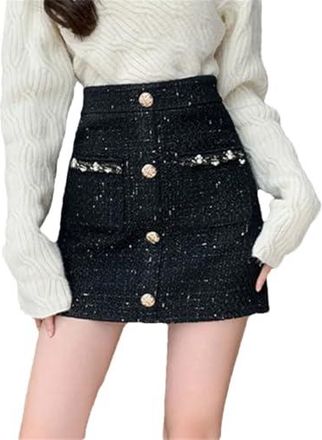 Generic Mini jupe &eacute;l&eacute;gante en tweed pour femme Harajuku avec poches de bureau et boutons, Noir, XXL