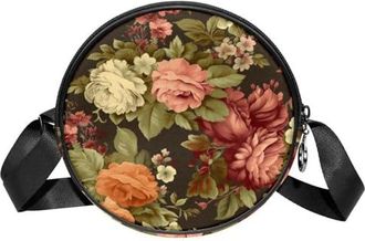 Generic Sac &agrave; bandouli&egrave;re rond pour femme, sac &agrave; bandouli&egrave;re classique vintage &agrave; motif floral avec fermeture &eacute;clair, bretelles r&eacute;glables, sac &agrave; main rond d&eacute;co