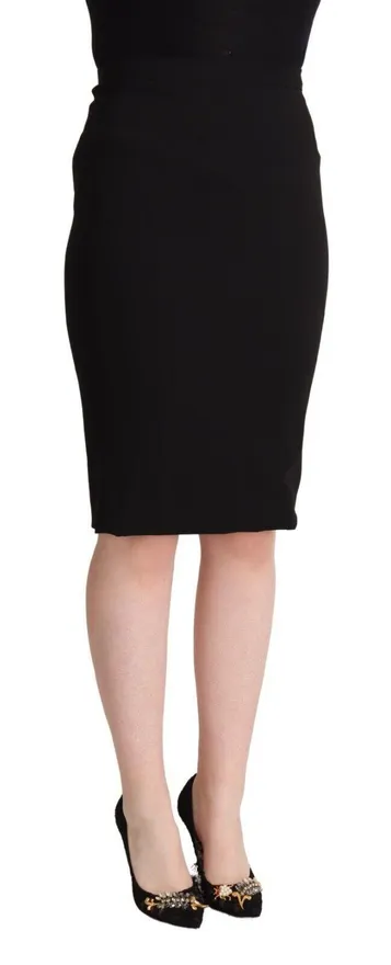 Womens Black High Waist Knee Length Pencil Cut Skirt Viscose Acetate Spandex