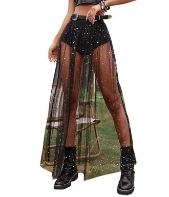 Minetom Glitzer Rock Damen Party Rock Mit Mesh Transparent Rock Mit Hose Drunter 2 In 1 Rock Strand R&ouml;cke Clubwear A Schwarz XXL