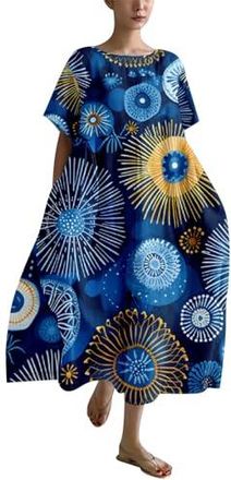 FNKDOR Robes Coton et Lin Vintage Imprimé Floral Bohème Robe de Plage Col Rond Robes Décontractée à Manches Courtes Grande Taille A-Line Robe Dété Casual Rob