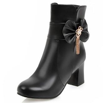 Generic Bottines &Eacute;l&eacute;gantes Femme &agrave; Talon Bloc Bout Rond Bottes Courtes avec D&eacute;tail Noeud, Gland et Fermeture Lat&eacute;rale pour Tenue de Bureau et Sortie Quotidien