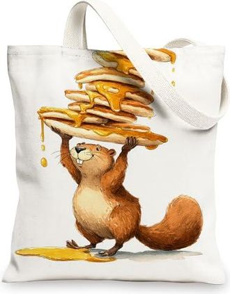 Generic Sacs fourre-tout en toile motif animal mignon, adorable motif de crêpes de castor, sacs dépicerie réutilisables, amusants, ludiques, légers, lavables,