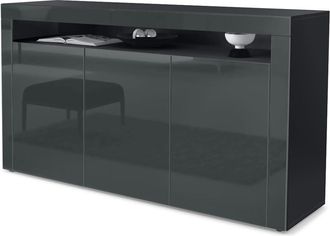 Vladon Sideboard Valencia, Made in Germany, Kommode mit 3 Türen und 1 offenem Fach, Schwarz matt/Grau Hochglanz (155 x 92 x 40 cm)