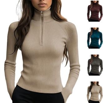 Generic Pull &agrave; col roul&eacute; c&ocirc;tel&eacute; et &eacute;lastique pour femme avec fermeture &eacute;clair 1/4, abricot, XL