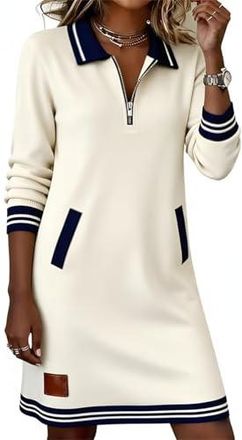 Generic Robe midi d&eacute;contract&eacute;e avec poches et col en V et demi-fermeture &eacute;clair pour femme - Pour lautomne et lhiver, blanc, 3XL