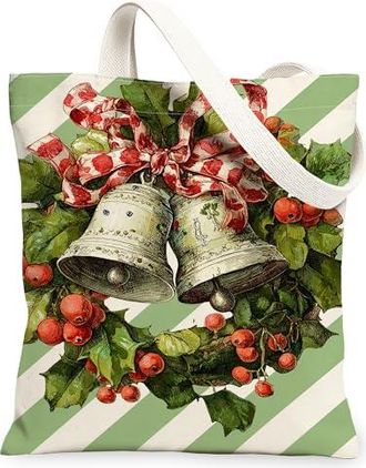 Generic Sacs fourre-tout vintage en toile, motif cloche festive, sacs d&eacute;picerie r&eacute;utilisables, l&eacute;gers et lavables en toile avec bandouli&egrave;re, Vert, 13x15 Inch