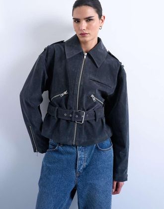 Topshop Blouson style motard court en imitation daim avec ceinture - Anthracite-Gris