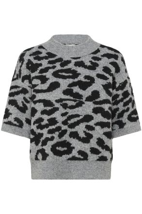 Kaffe Damen Womens Crew Neck Half Sleeves Animal Print Casual Fit Rib Edges Pullover, Lgm/Black Leopard, XL