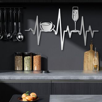 Generic Moderne minimalistische Wanddekoration aus Metall: Herzschlag-Weinglas & Kaffeetasse, Wanddekoration f&uuml;r Kaffee, Wanddekoration f&uuml;r Bars, Weingl&auml;ser f