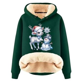 Generic 2026 Printemps Mode No&euml;l Bonhomme de Neige Et Cerf Imprim&eacute; Femmes Automne Hiver Velours &Eacute;pais Chaud Cardigan Sweat &agrave; Capuche, vert fonc&eacute;, XXL