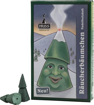 Huss Räucherbäume Original Neudorfer Räucherkerzen aus dem Erzgebirge - 24 Stück, 30 mm hoch, 32 Gramm, grün, Deutschland - Zubehör: Räucherkegelhalter