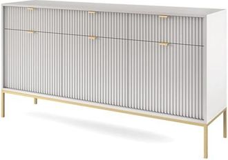 Selsey VELLORE - Kommode 3-türig mit 3 Schubladen, Grau mit geriffelten Fronten mit goldenen Metallbeinen, 154 cm