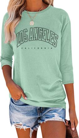 TOMWELL T-Shirt Damen 3/4 Arm Shirt Rundhals Grafik Druck Tshirt Sommer Leichte Pullover Oberteile B Gr&uuml;n XXL