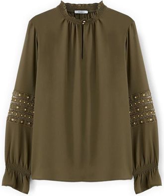 Motivi Femme, Blouses et Chemises, Vert, Taille: 40 FR Blouse en Georgette avec Manches Brod&eacute;s
