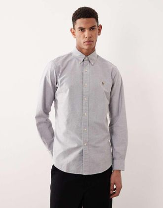 Polo Ralph Lauren Oxford-Hemd in Grau mit Markenlogo und regul&auml;rer Custom-Passform