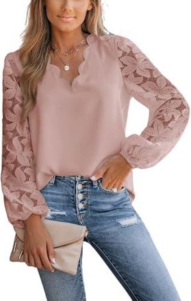 Cupshe Chemisier femme en dentelle florale festonnée à manches longues col en V Chemise élégante, rose, XL
