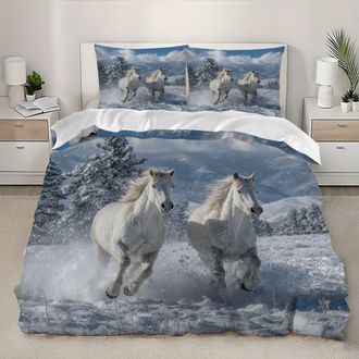 Generic 3D-Druck Bettw&auml;sche 155x220 cm Atmungsaktivem Mikrofaser Wintertier Pferd Bettbez&uuml;ge, Superweiches Flaumig Bettbezug Wei&szlig; 3 teilig Mit Kinder Jugend B