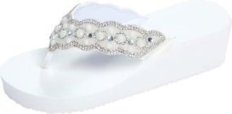 Frcolor Sandales &eacute;t&eacute; Blanches pour Femmes Chaussures de Plage Antid&eacute;rapantes &agrave; Perles et Cristaux Confortables et Durables