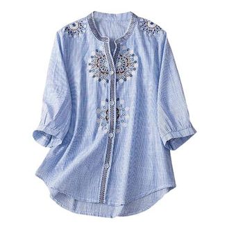 Generic Chemises en coton et lin pour femme - Style d&eacute;contract&eacute; - Avec broderie florale - Chemises chinoises d&eacute;t&eacute; boh&egrave;me confortables pour femme, bleu, XXL