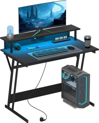 HOMCOM Gaming Desk mit LED-Beleuchtung und Monitorst&auml;nder, 100x60 cm Computer Gaming Tisch, PC-Tisch mit USB, TYPE C und Fernbedienung f&uuml;r B&uuml;ro, Studio und Z