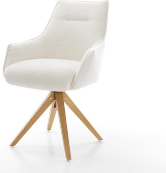 DELIFE Drehstuhl Alja-Flex mit Armlehnen Boucl&eacute; Soft Beige Holzgestell kantig Natur 180&deg; drehbar Taschenfederkern, Esszimmerst&uuml;hle