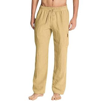 Generic Pantalon d&eacute;t&eacute; en lin pour homme - Pantalon en tissu avec poches - Pantalon de plage avec cordon de serrage - Jambes droites - Pantalon de jogging - Pa