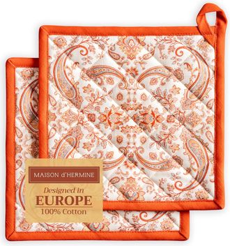 Maison d'Hermine Topflappen, 100% Baumwolle, 2er-Set (20cm x 20cm) Hotpads, hitzebeständig, mit Schleife-Topfhalter zum Backen, Grillen, Zuhause, Cachemire - Erntedank