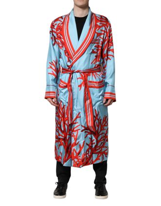 Dolce & Gabbana Mens Blue Red Coral Print Wrap Robe Coat Jacket Light Silk Clothing