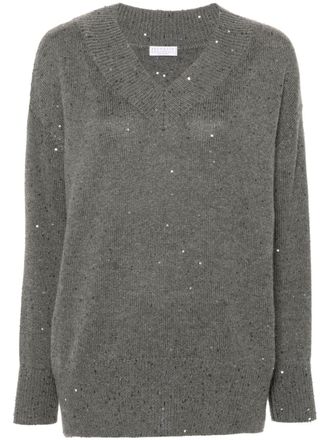 Brunello Cucinelli pull orné de sequins à col v - Gris