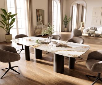 DELIFE Esstisch Edge Boot 260x120 cm Keramik Minas Melange Wei&szlig;-Beige Pilier Metall Schwarz, Esstische