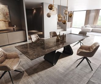 DELIFE Esstisch Edge 200-300x100 Keramik Laminam Emperador Extra Lucidato Dunkelbraun W-Gestell Schwarz ausziehbar, Esstische