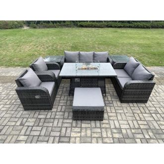 Fimous 8-Sitzer Polyrattan Gartenm&ouml;belset Gasfeuerstelle Esstisch und Sofa Sessel set mit 2 Beistelltischen 2 Gro&szlig;er Hockern - Fimous