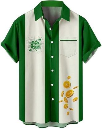 Generic DENGJIAMY Chemise Happy St Patrick Day pour homme Bloc de couleur Tr&egrave;fle Chemise boutonn&eacute;e Chapeau vert Tr&egrave;fle Manches courtes Grande taille Hauts de 