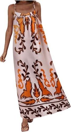 Generic Robe boh&egrave;me 2026 pour femme, robe longue &agrave; smocks avec imprim&eacute; mignon, sans manches, bretelles spaghetti, fluide, &eacute;t&eacute;, plage, jaune, M