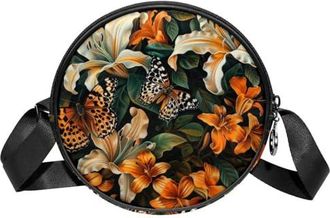 Generic Sac &agrave; bandouli&egrave;re rond pour femme, motif papillon, fleurs, petit sac &agrave; bandouli&egrave;re avec fermeture &eacute;clair, bretelles r&eacute;glables, sac &agrave; main rond d&eacute;contr