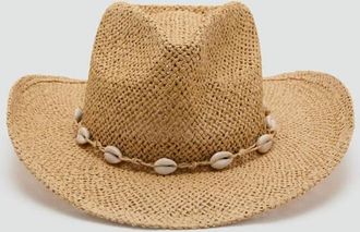 Mango Chapeau en fibre naturelle avec coquillages beige - Femme - Taille unique - MANGO