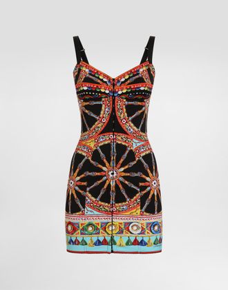 Dolce & Gabbana Kurzes Kleid Aus Charmeuse Mit Carretto-print - Frau Kleider Multicolor 38