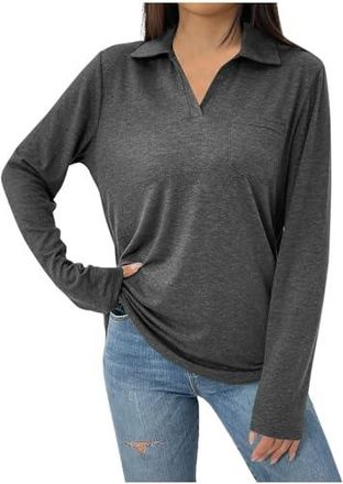 Generic Polo &agrave; Manches Longues Femme Col en V, Tee Shirt Sport Grande Taille-Tunique Chic Et &eacute;L&eacute;Gant Casual Classique Coupe Ample Chemise Quotidien pour Le Bu