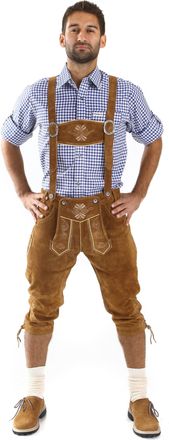 Almbock Lederhose Herren braun lang - Lederhose Herren Echtleder mit Hosentr&auml;gern und Messertasche - Trachtenhose &Ouml;sterreich - Kniebundhose Leder 48