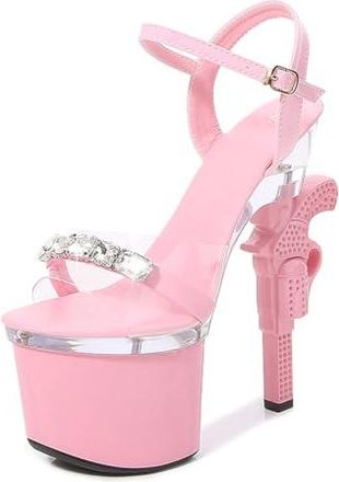 Generic Rose,38 EU,Sandales à Strass pour Femmes, Bout Ouvert, Plateforme, Talons Aiguilles, Bride à la Cheville, Escarpins à Talons, Chaussures de soirée pou