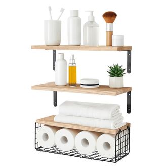 Harbour Housewares Set mit 3 Rustikale Badezimmerregale aus Holz mit Drahtkorb - Lang Wandmontage K&uuml;che Badezimmer Wohnzimmer B&uuml;cherregal Anzeige Dekor Lagerung Regale |