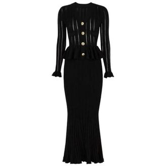 Generic Robe pull en tricot à volants ajourés pour femme - Simple boutonnage à manches longues - Tenue midi élégante, 1, L