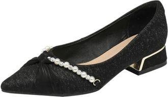 Generic Escarpins Élégants pour Femme à Bout Pointu Ornés de Perles - Talon Bloc 3cm, Tissu Scintillant Disponible en Noir Classique et Beige Sophistiqué,Noir