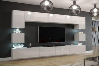 Furnitech Wohnwand Wohnzimmer | Wohnzimmer Möbel mit LED Blau | Hängend Wohnwand Modern | Wohnzimmer Schrankwand mit Regale und TV Schrank (Nawara Weiß)