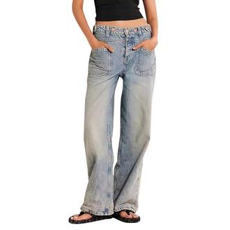 Generic Jean coupe droite pour femme - Taille haute - Jambes larges - Avec poches - Coupe droite - &Eacute;l&eacute;gant - Couleur unie - Confortable - Jambe droite - Basiq
