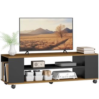 HOMCOM TV-Schrank auf R&auml;dern, freistehender oder stehender TV-Tisch, f&uuml;r das Wohnzimmer, mit 4 offenen Ablagen, f&uuml;r 55 TV, Modern Style, 120x40x38,5 cm, Waln